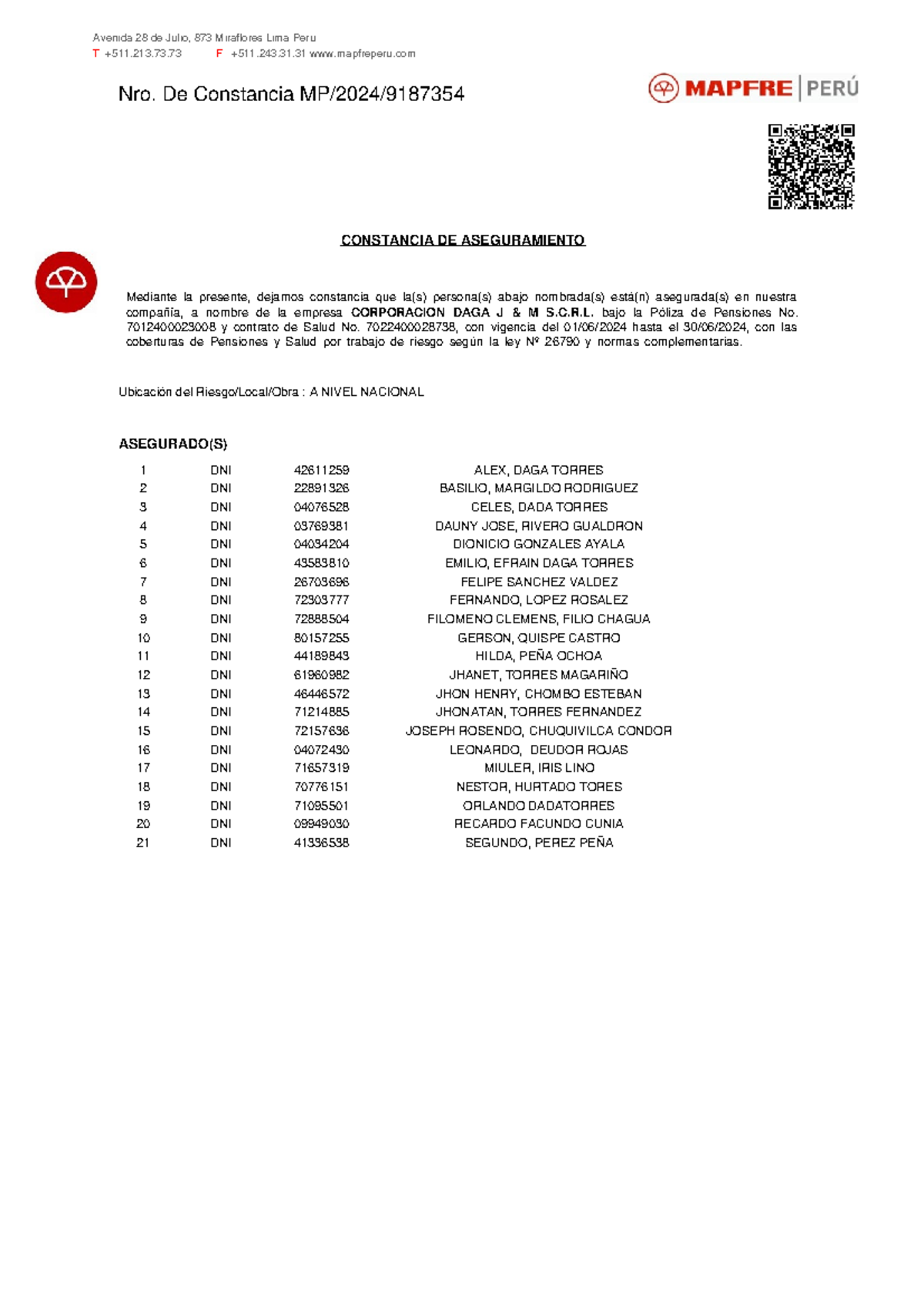 MODELO SCTR DE TRABAJADORES - Avenida 28 de Julio, 873 Miraflores Lima Peru T +511.213.73 F ...