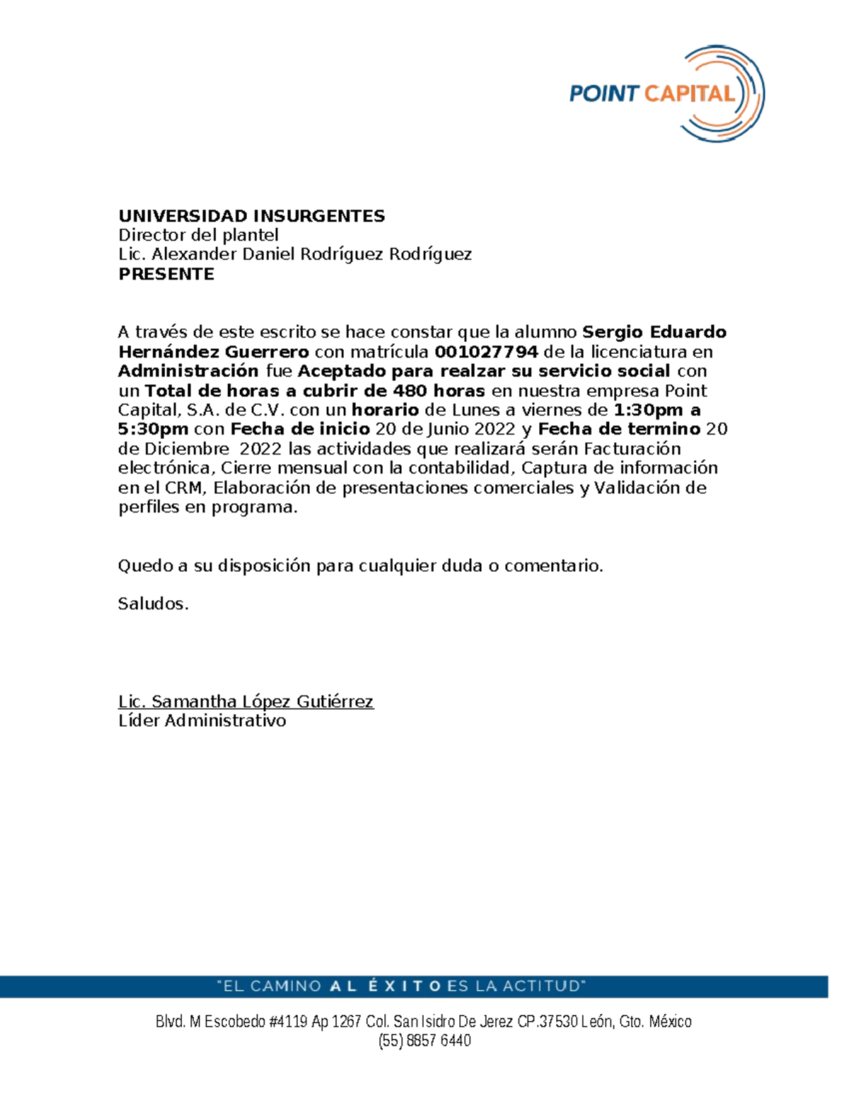 Carta DE Aceptación Sergio Hernandez - UNIVERSIDAD INSURGENTES Director ...