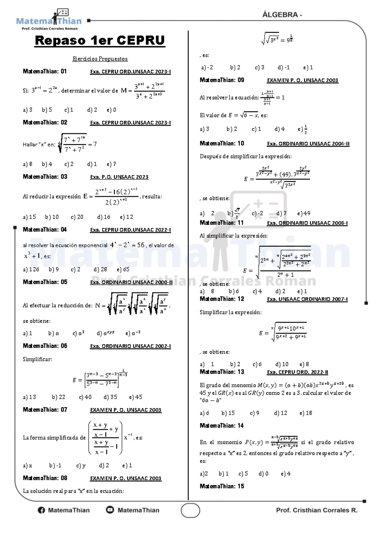 1ER Examen Cepru - RESULTADOS - Repaso 1er CEPRU Ejercicios Propuestos ...