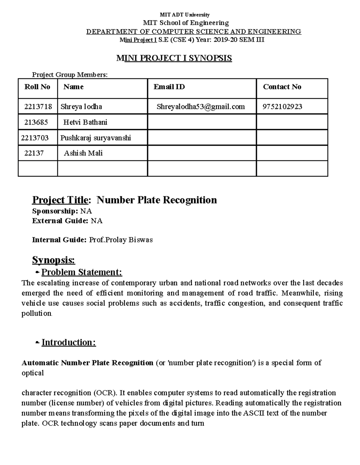 Mini project Synopsis - MIT ADT University MIT School of Engineering ...