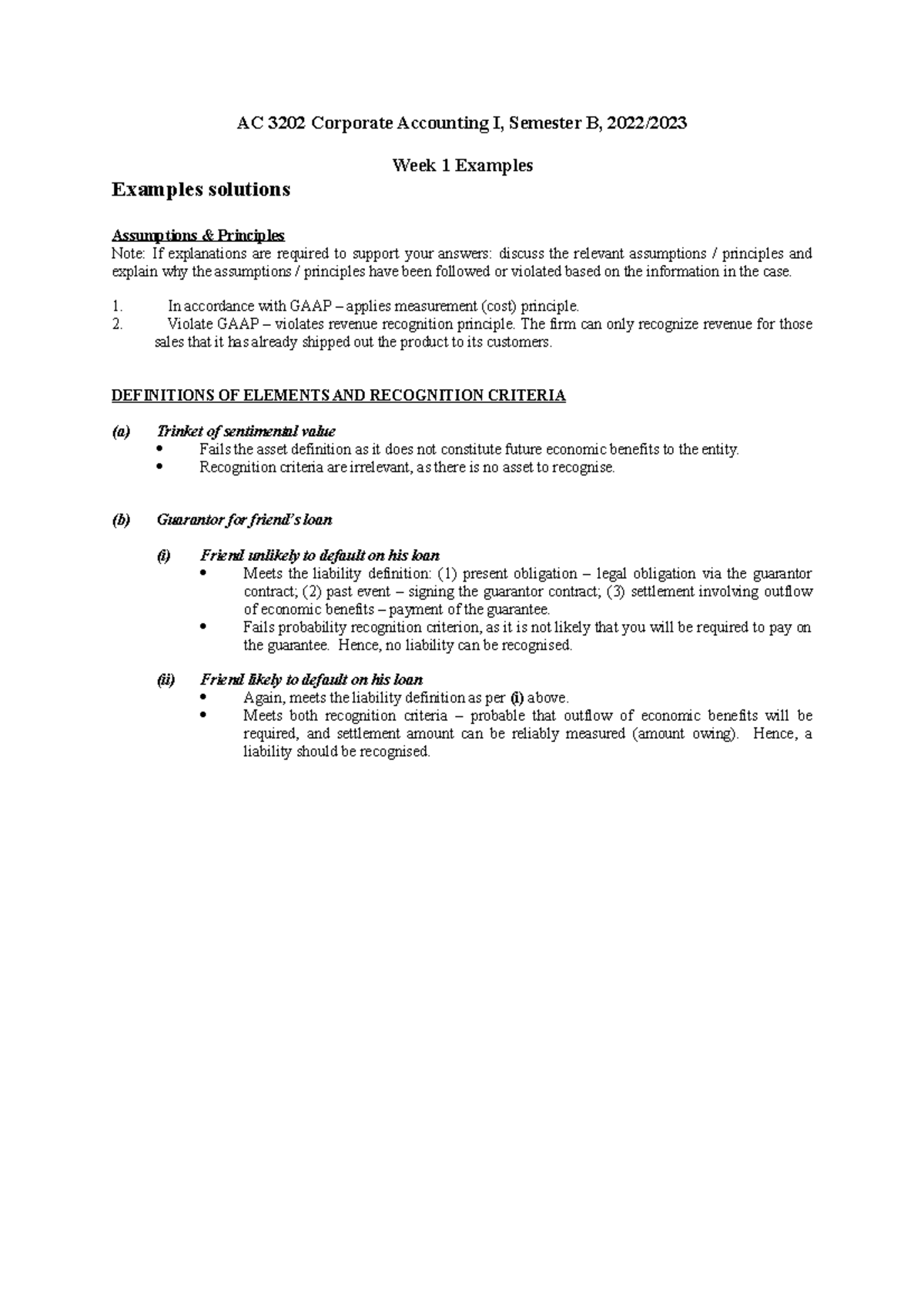 Lecture 1 Example Solutions - AC 3202 Corporate Accounting I, Semester ...