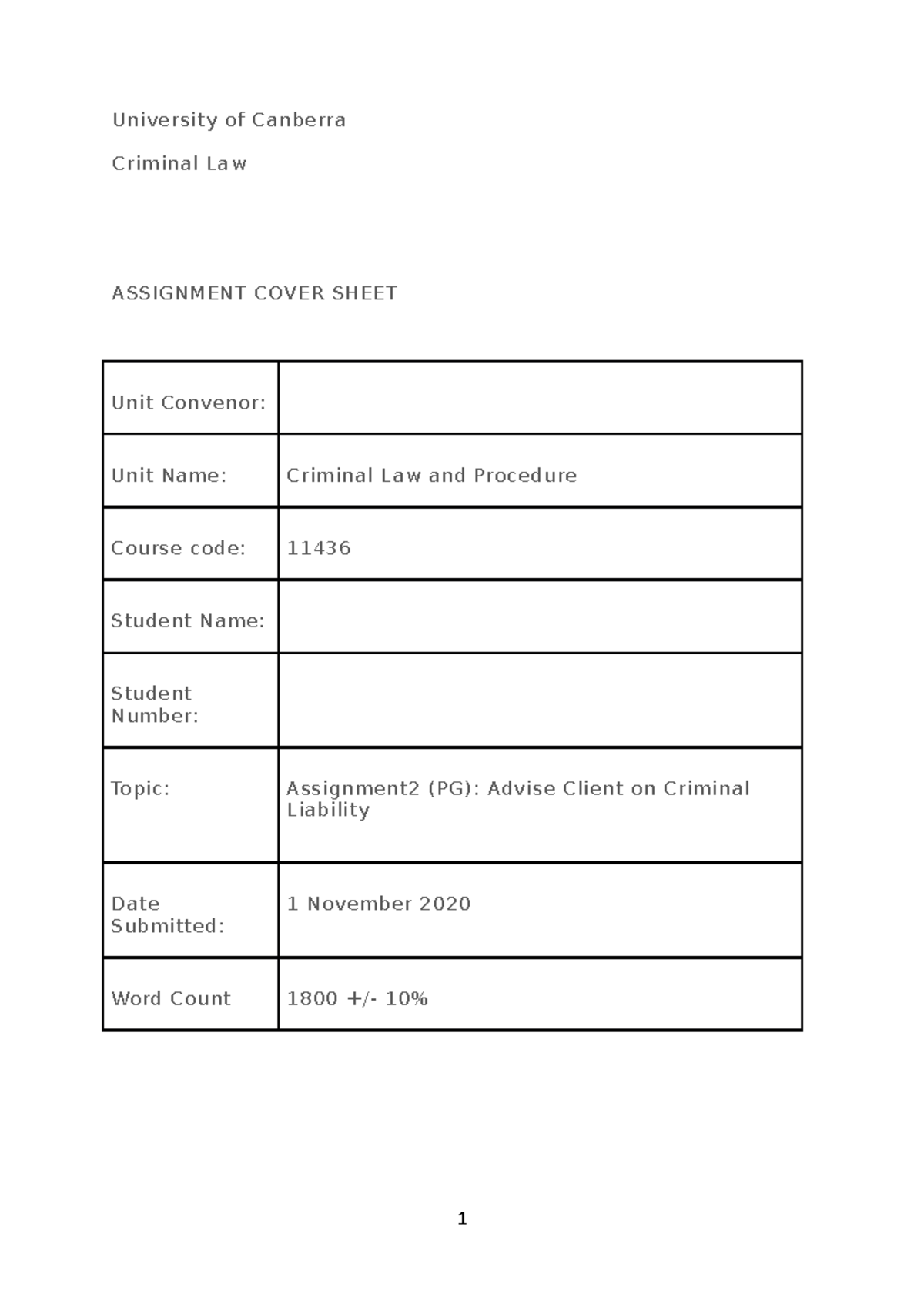 Criminal Law Assignment 2 - University of Canberra Criminal Law ...