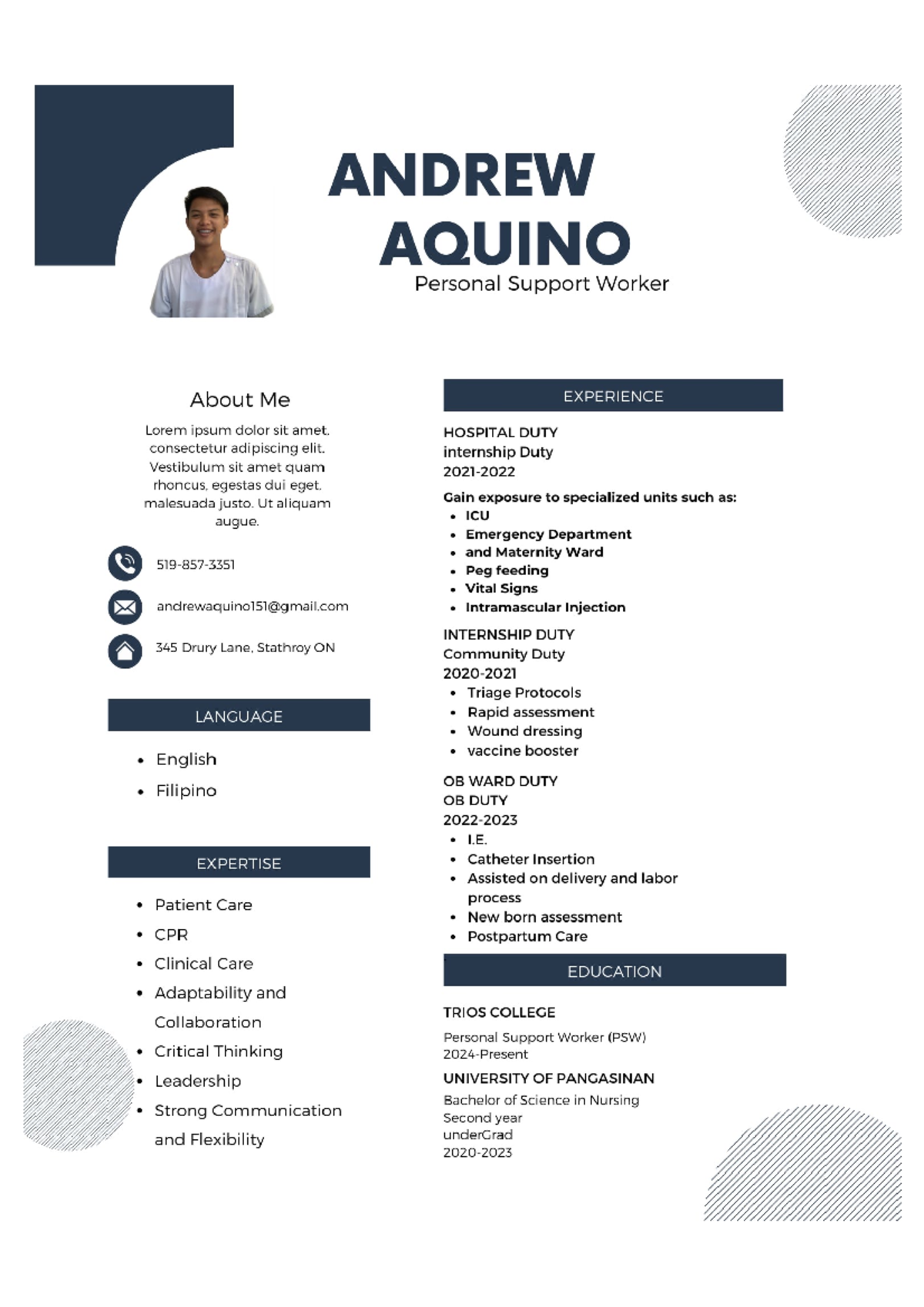 Resume - ANDREW AQUINO Personal Support Worker About Me EXPERIENCE ...