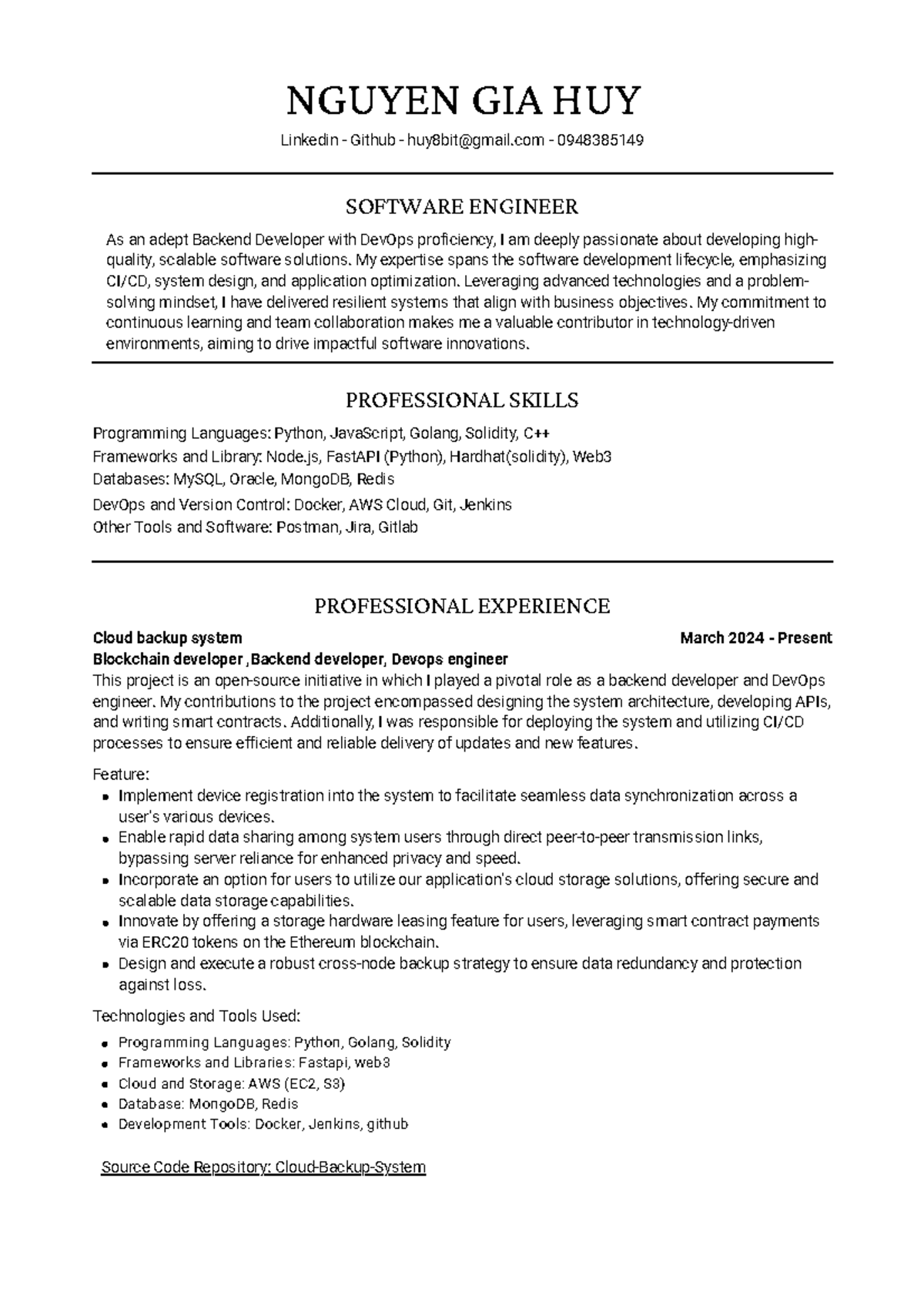 CV Nguyen GIA HUY - As an adept Backend Developer with DevOps proficiency, I am deeply ...