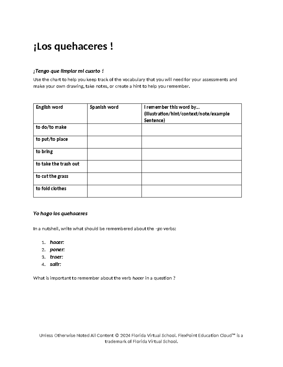 Los quehaceres note guide - ¡Los quehaceres! ¡Tengo que limpiar mi ...