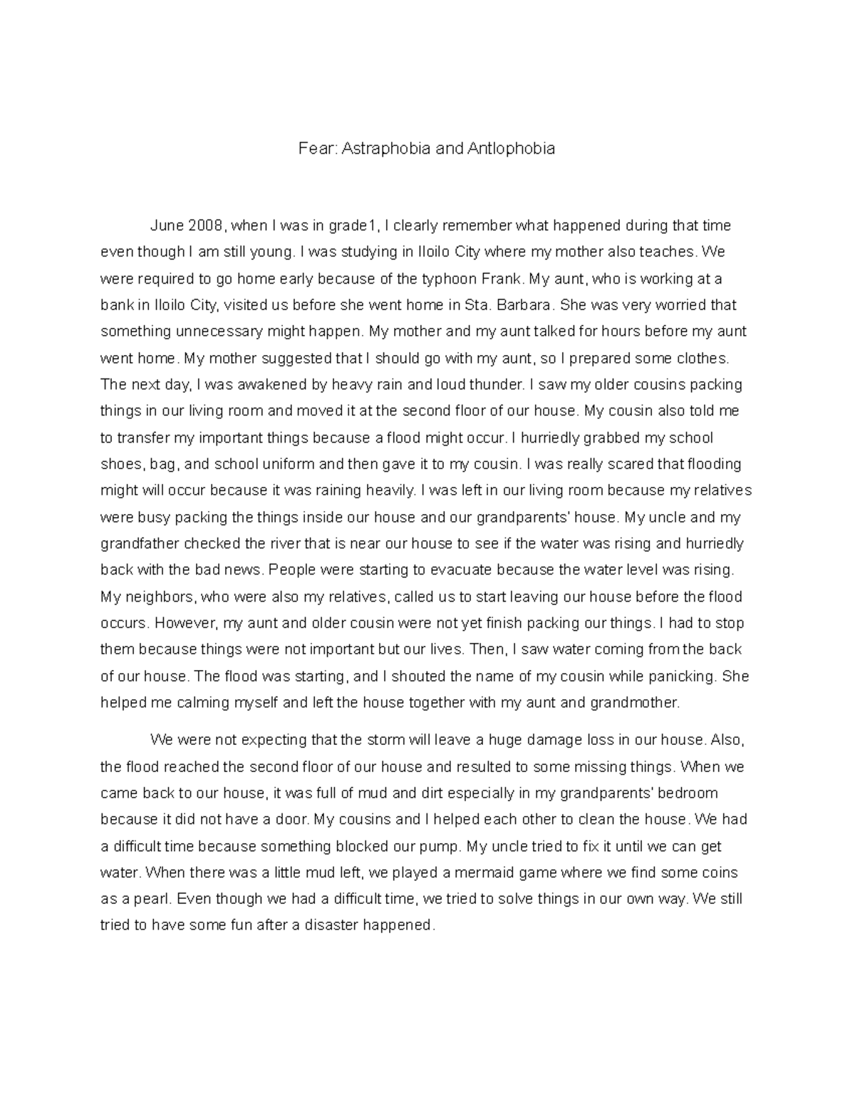 Personal Essay 7 - Creative Non-Fiction - Fear: Astraphobia and ...