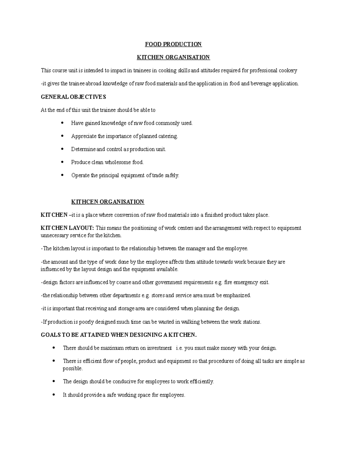 Kitchen layout - FBC - FOOD PRODUCTION KITCHEN ORGANISATION This course ...