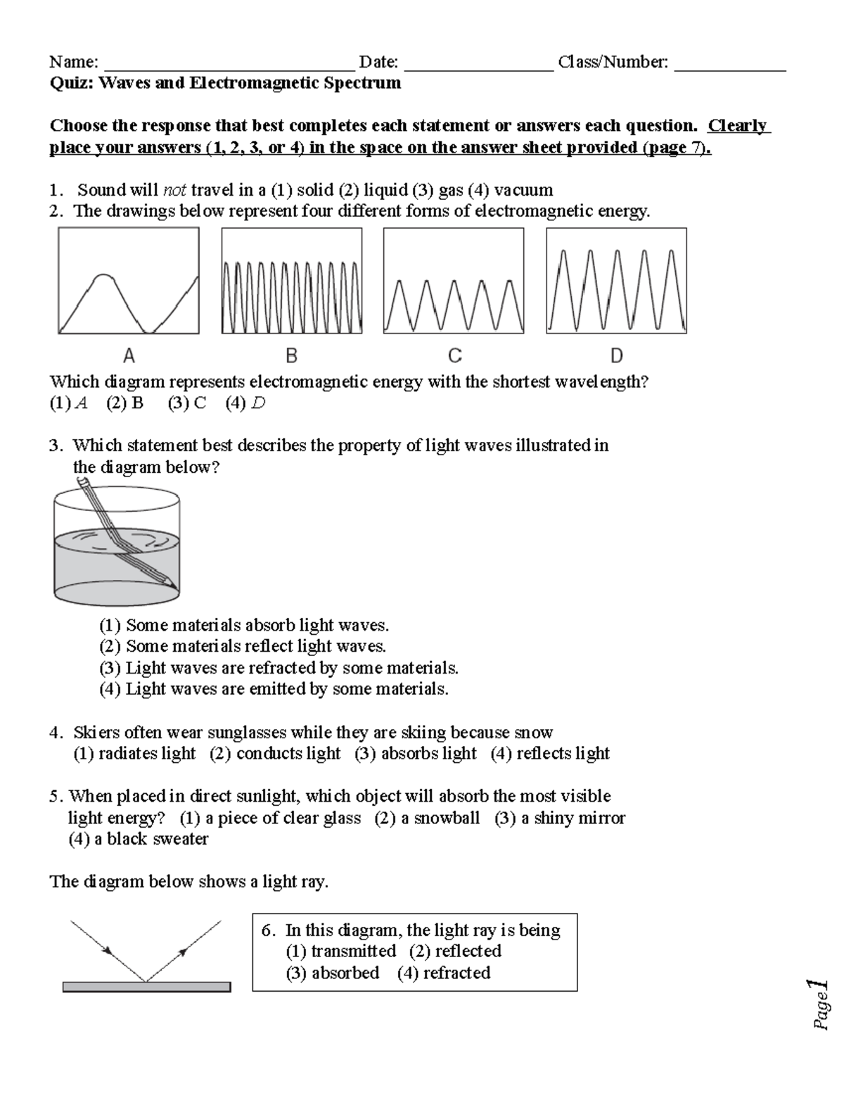 8th Take-Home Quiz on Waves and Electromagnetic Spectrum - Name