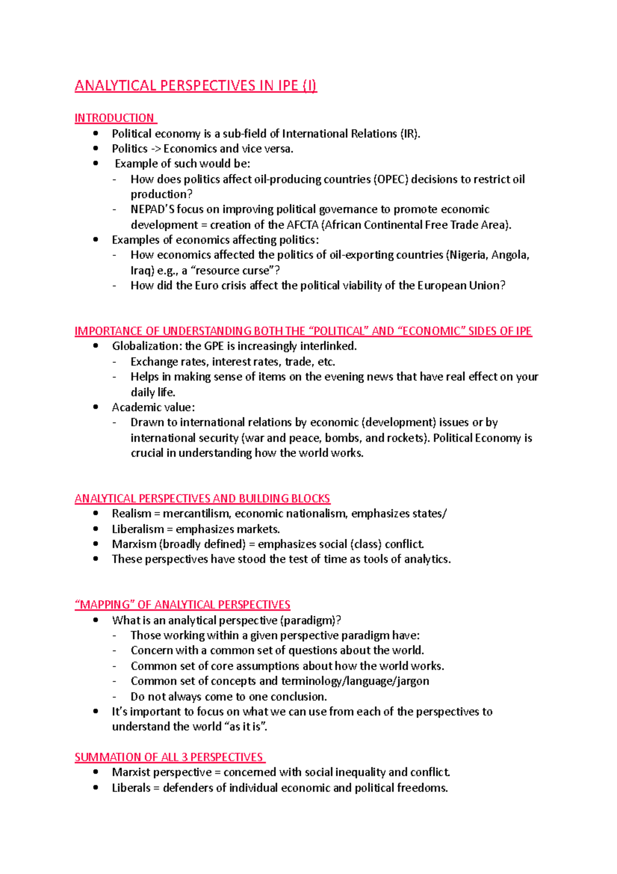 IPE - WEEK 1 - Summary of weekly content. - ANALYTICAL PERSPECTIVES IN IPE (I) INTRODUCTION ...