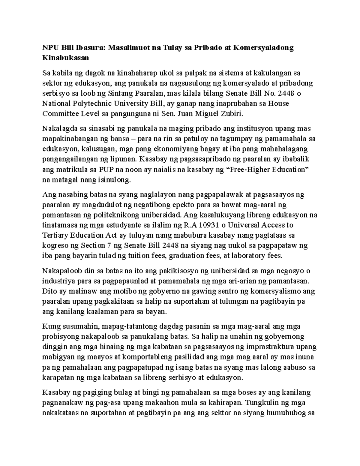 Column Article - NPU BIL - NPU Bill Ibasura: Masalimuot na Tulay sa ...