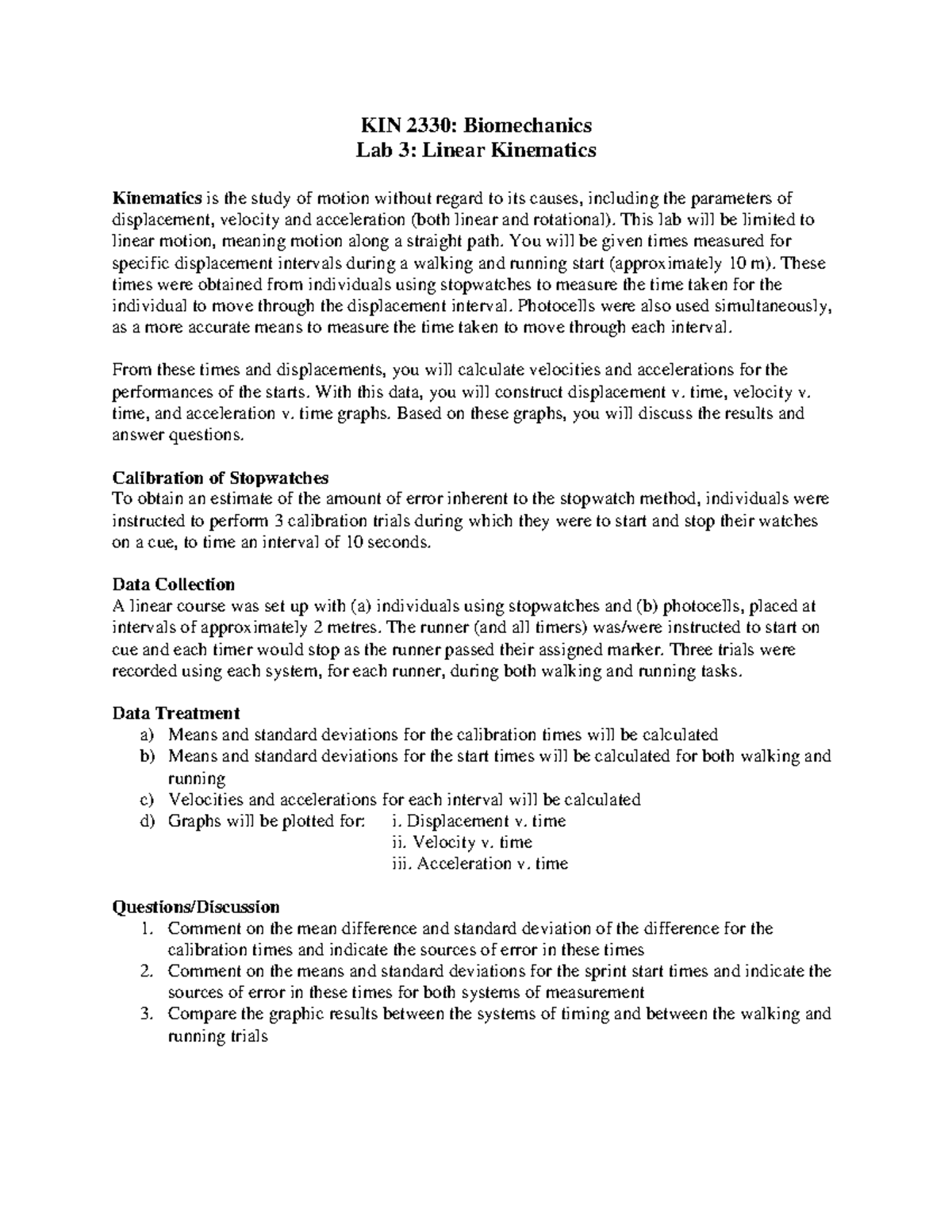 Tutorial Work - Lab 3 - Linear Kinematics - KIN 2330: Biomechanics Lab ...