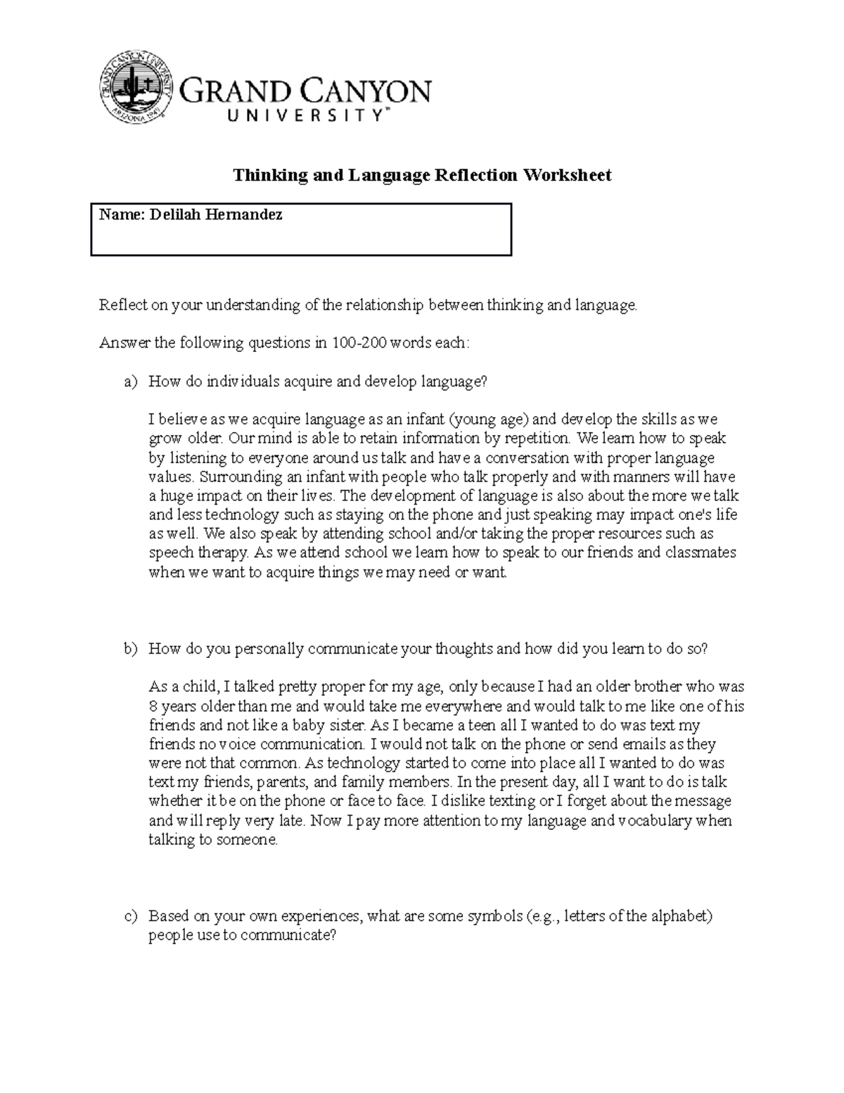 Philosophy Education - Thinking and Language Reflection Worksheet Name ...