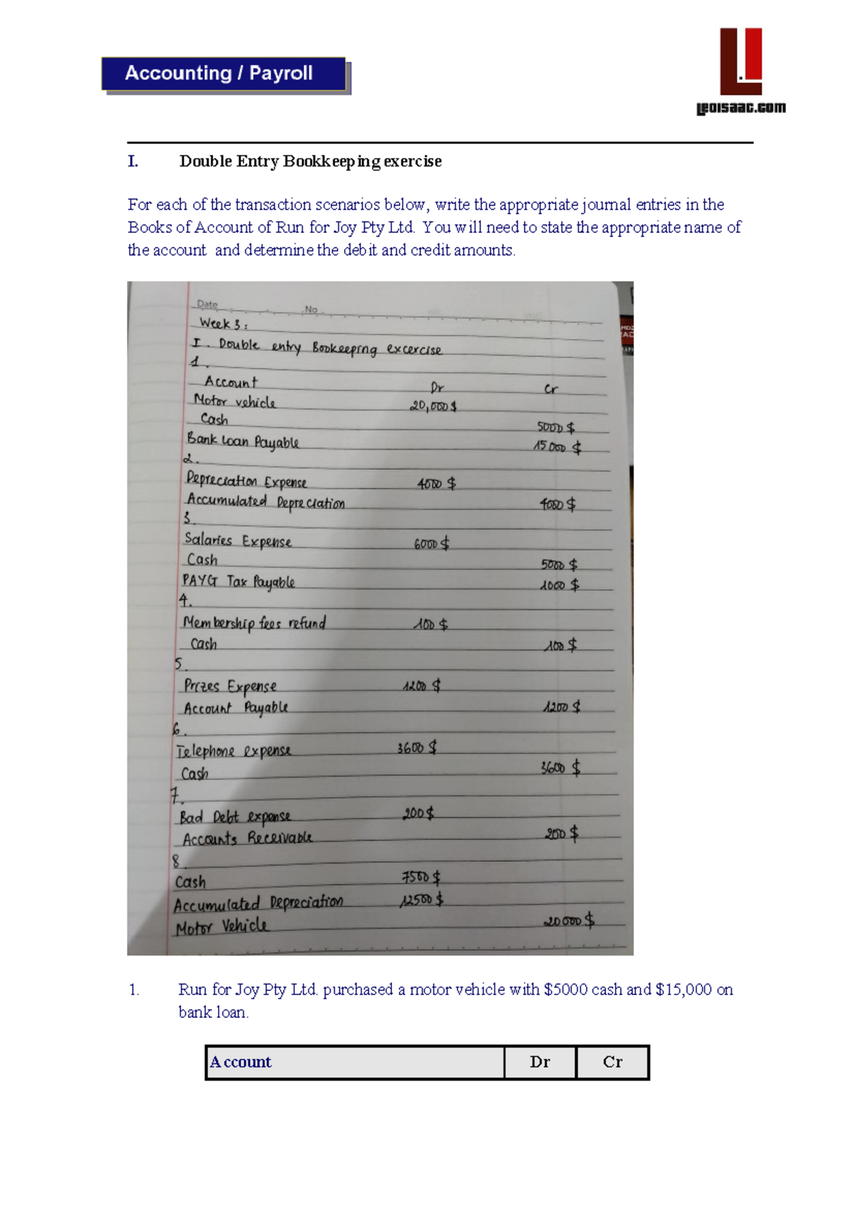 Exercise double entry week3 - I. Double Entry Bookkeeping exercise For ...