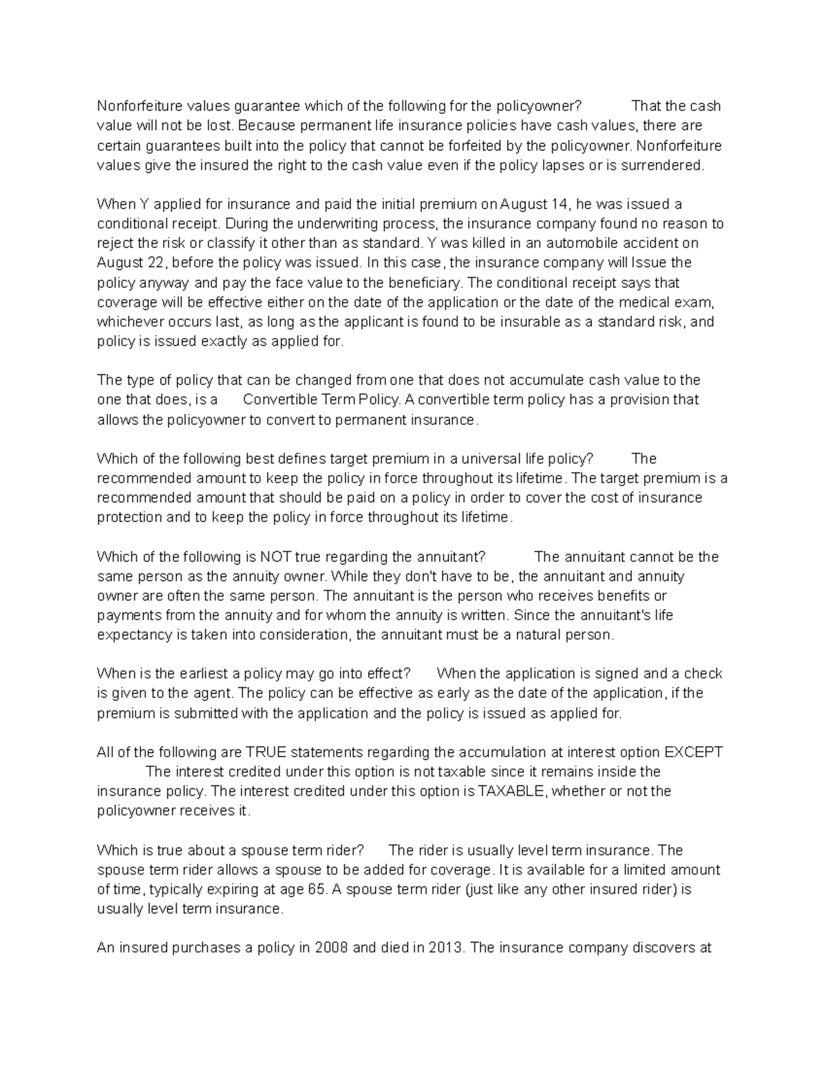 Life License Practice Test 01 - Nonforfeiture values guarantee which of ...