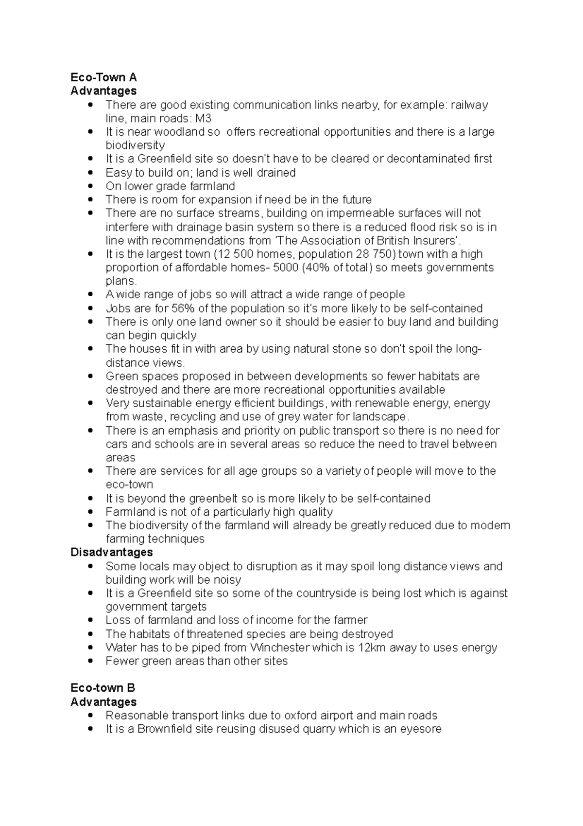 Geography Decision Making - Eco-Town A Advantages There are good ...
