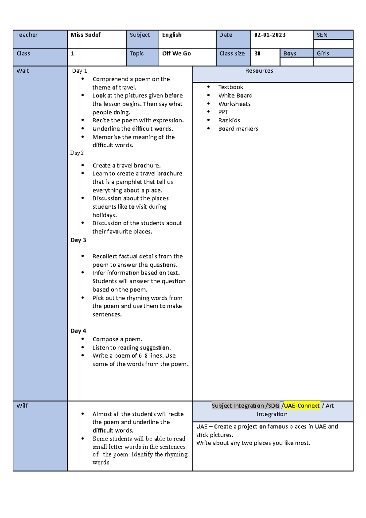 Lesson plan grade 1 poem 12 Off we go - Teacher Miss Sadaf Subject ...