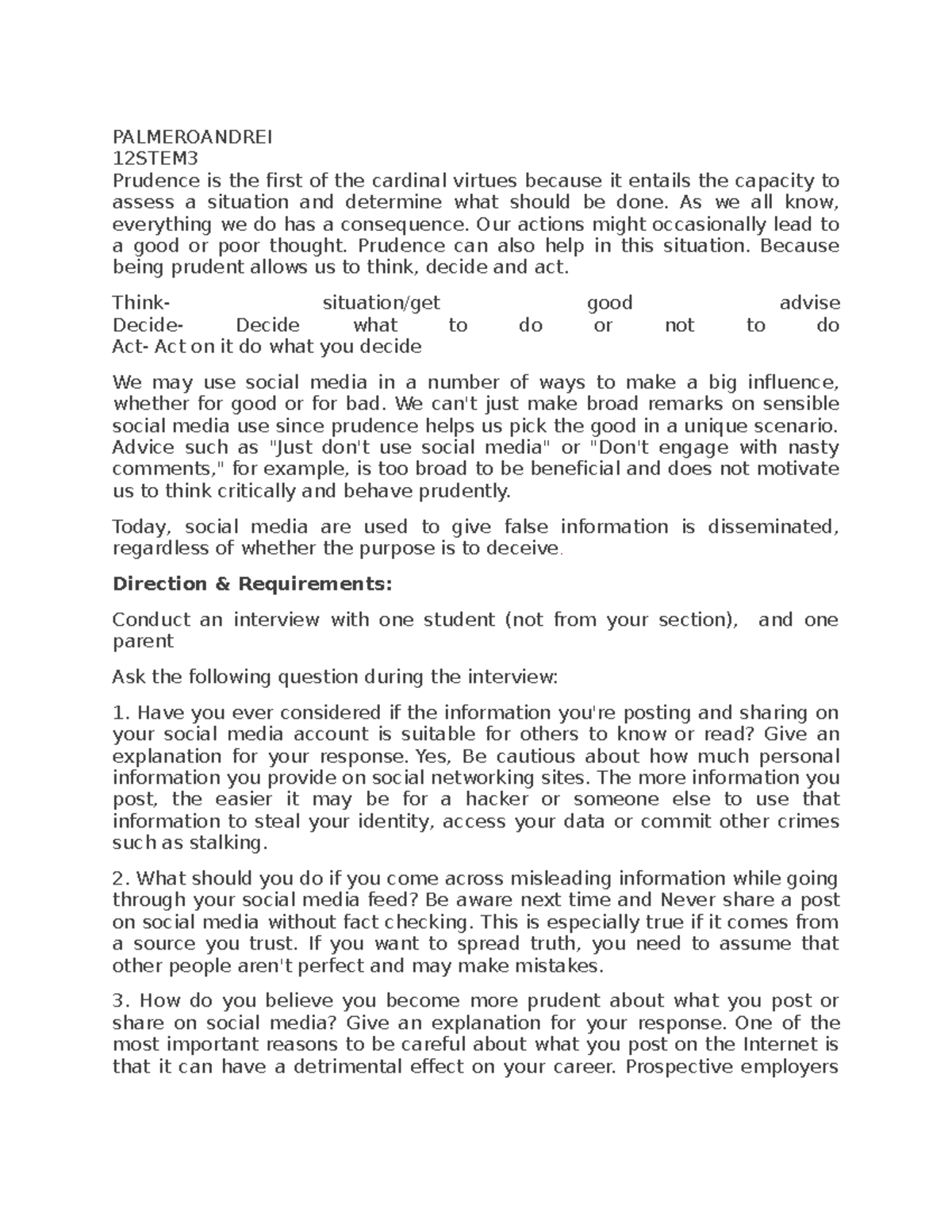 Activity 3 Fourth Quarter Prudence-1 - PALMEROANDREI 12STEM Prudence is ...