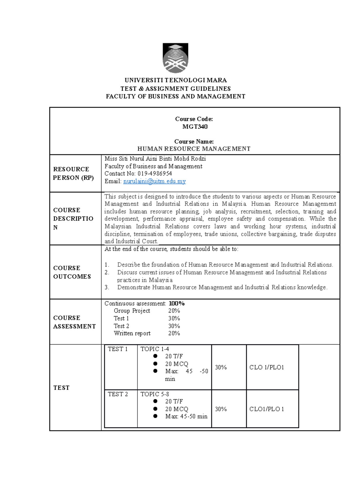 Guidelines FOR TEST & Assignment MAC2022 - Business studies - UiTM ...