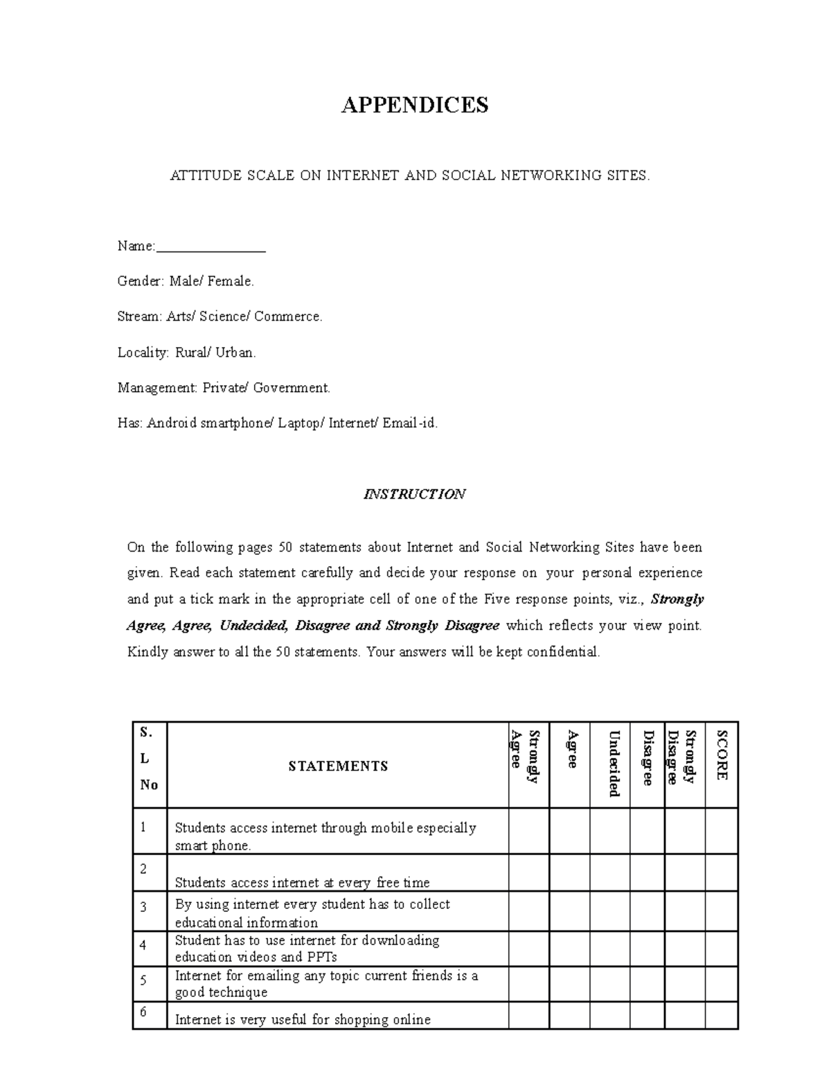 14 appendices - appendice for questionnare - APPENDICES ATTITUDE SCALE ...