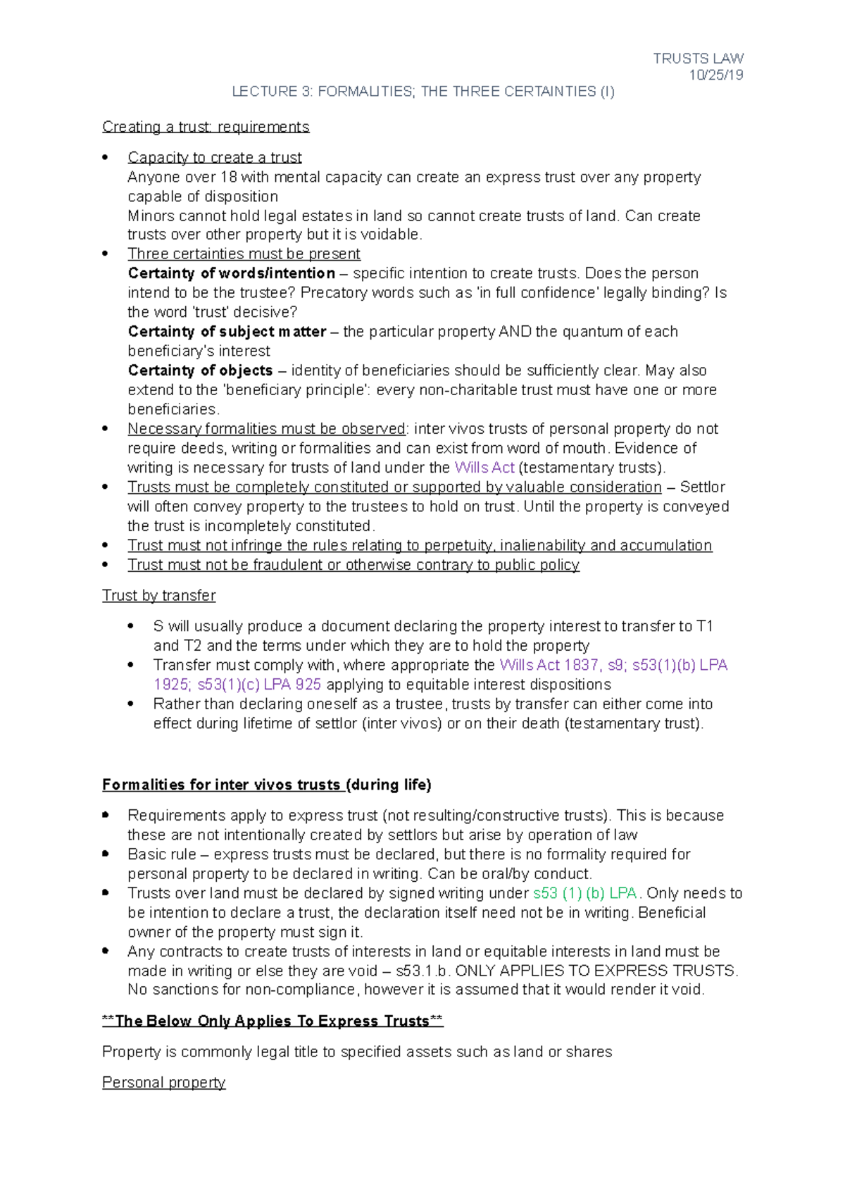 Trusts Lecture 3 - Formalities + 3 Certainties - 10/25/ LECTURE 3: FORMALITIES; THE THREE - Studocu