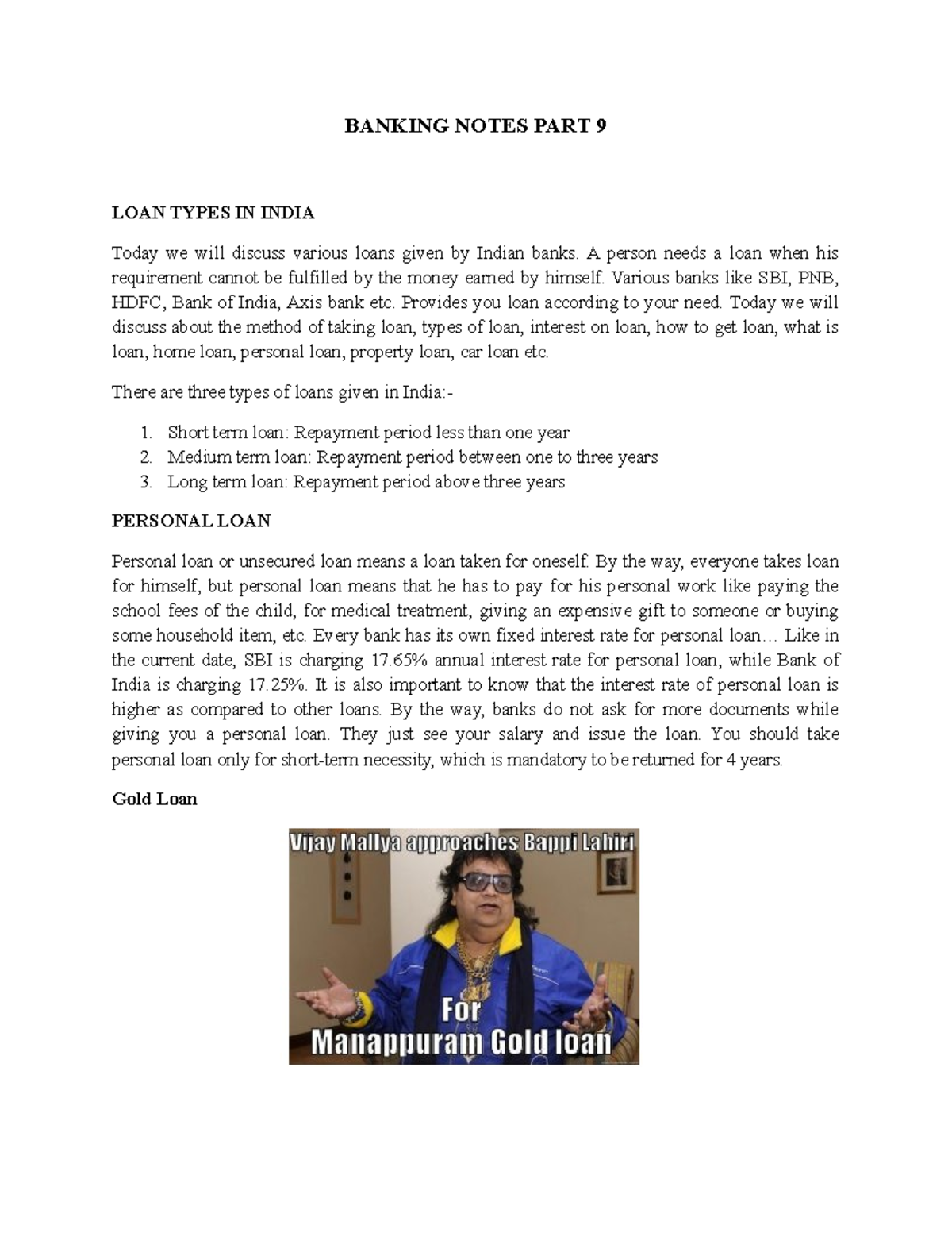 Banking Notes PART 9 - BANKING NOTES PART 9 LOAN TYPES IN INDIA Today ...