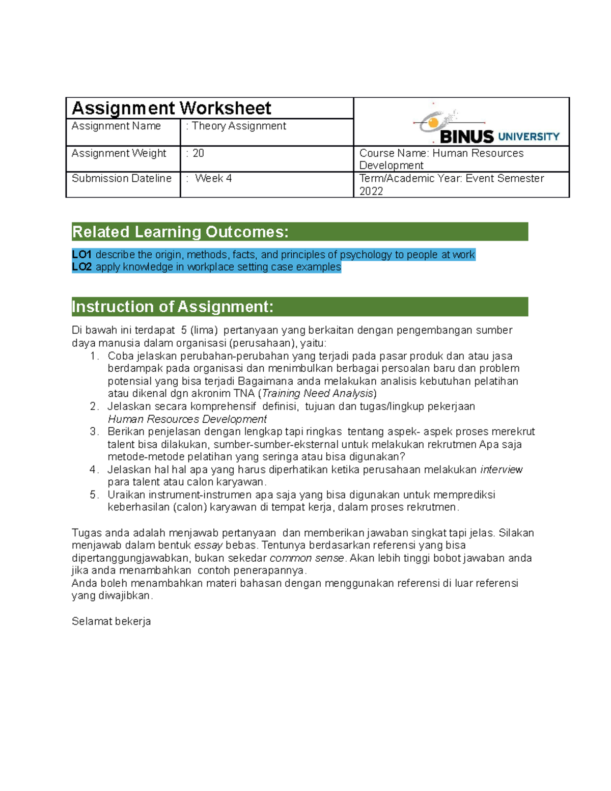 HRD-Assignment - 1 - Campurrree campurrrr pokoknya - Assignment Worksheet Assignment Name ...