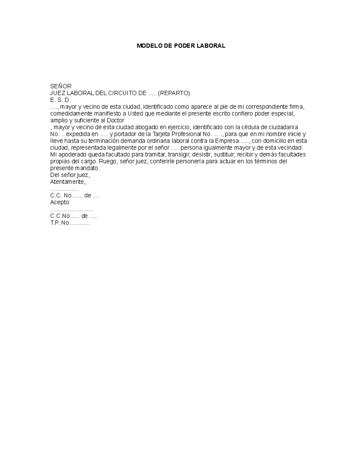 Modelo DE Poder Y Demanda Laboral - MODELO DE PODER LABORAL SEÑOR JUEZ LABORAL DEL CIRCUITO DE ...