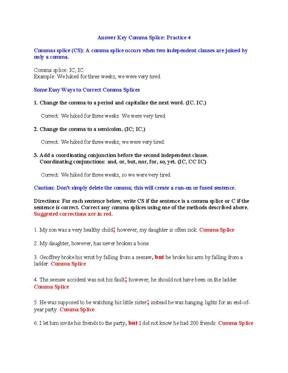 Comma Splice 4 Answer Key - Answer Key Comma Splice: Practice 4 Commas ...