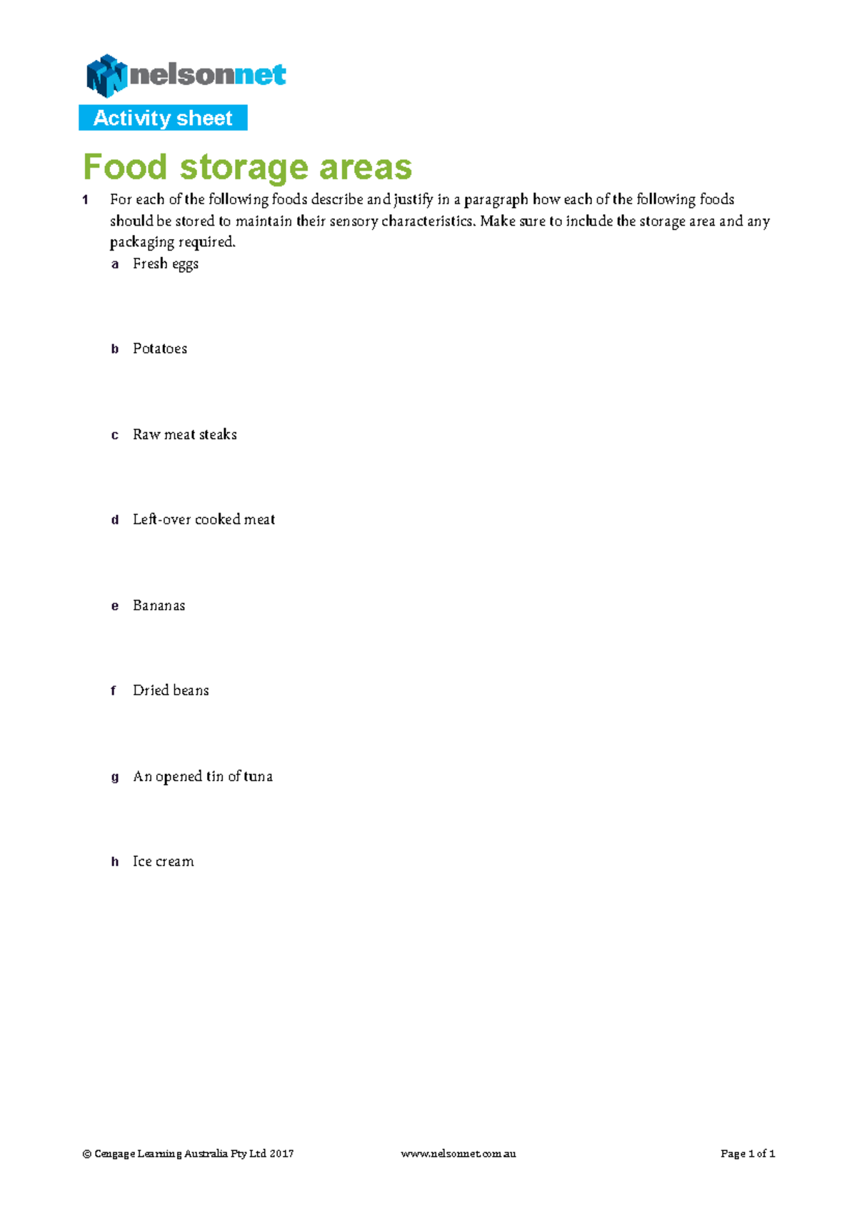 Food storage areas worksheet - © Cengage Learning Australia Pty Ltd ...