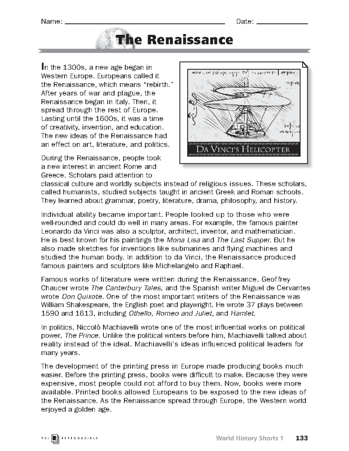 Renaissance worksheet for 7th graders who want to practice renaissance ...