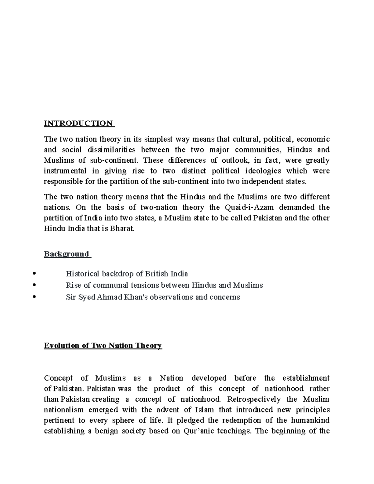 TWO Nation Theory - INTRODUCTION The two nation theory in its simplest ...