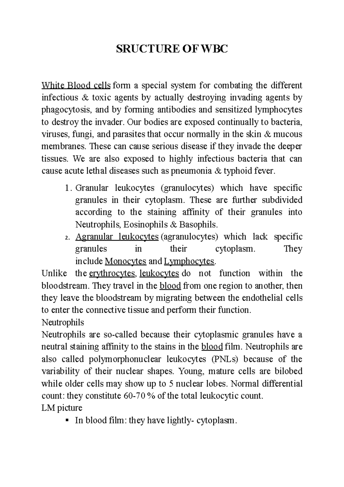 Sructure OF WBC - SRUCTURE OF WBC White Blood cells form a special ...