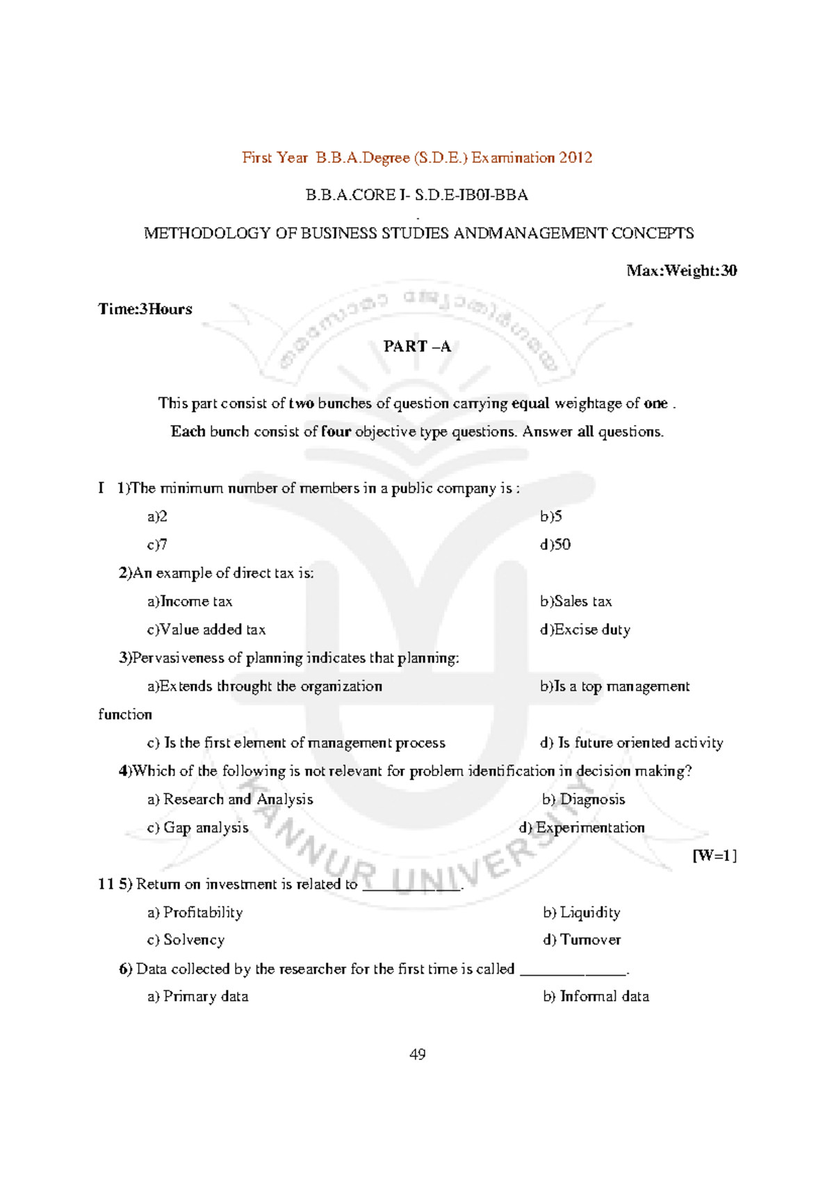 BBA SDE 30 8 18-50-55 - Model question papers - First Year B.B.A (S.D ...