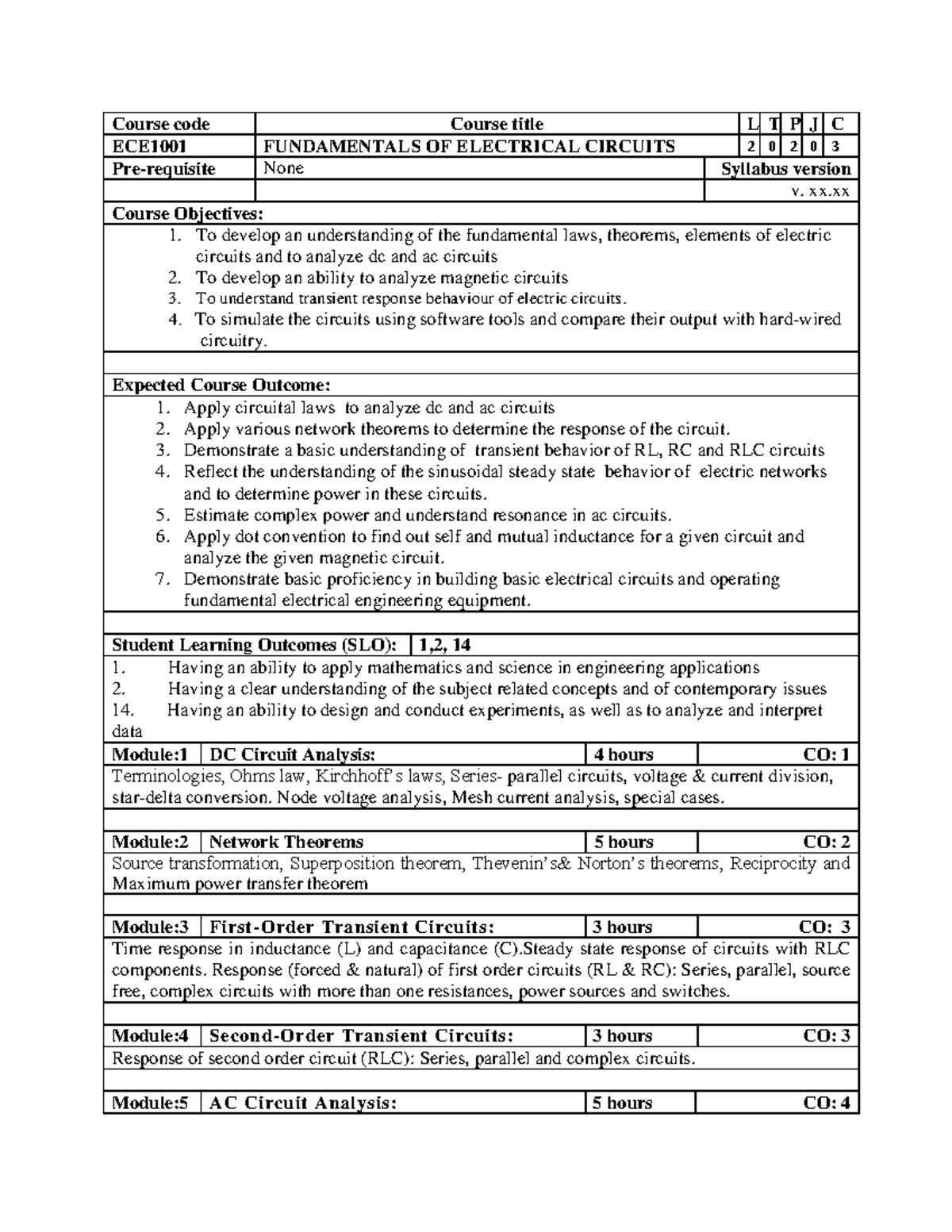 Ece1001 Syllabus Warning Tt Undefined Function 32 Course Code Course Title L T P J C