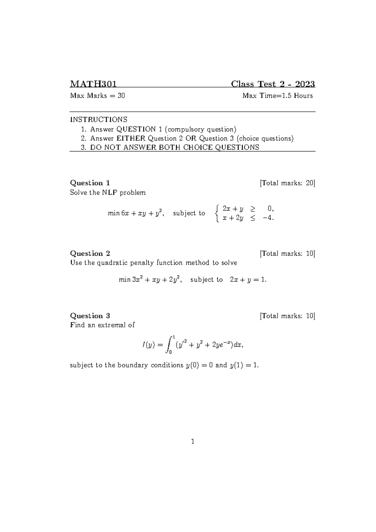 Test2 2023 - Test 2 - MATH301 Class Test 2 - 2023 Max Marks = 30 Max ...