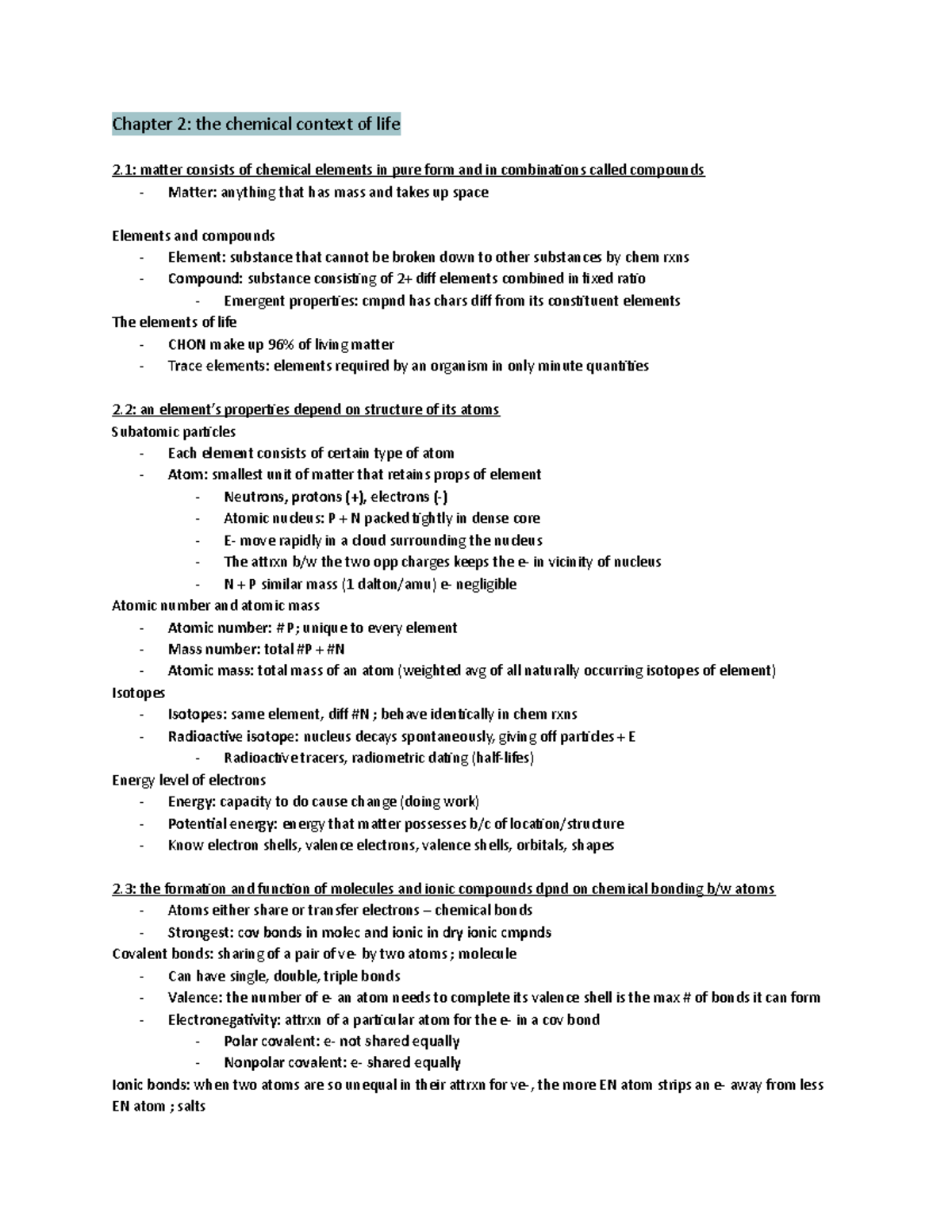 BIO EXAM 1 Study Sheet - aaaaaaaaaaaaaaa - Chapter 2: the chemical ...