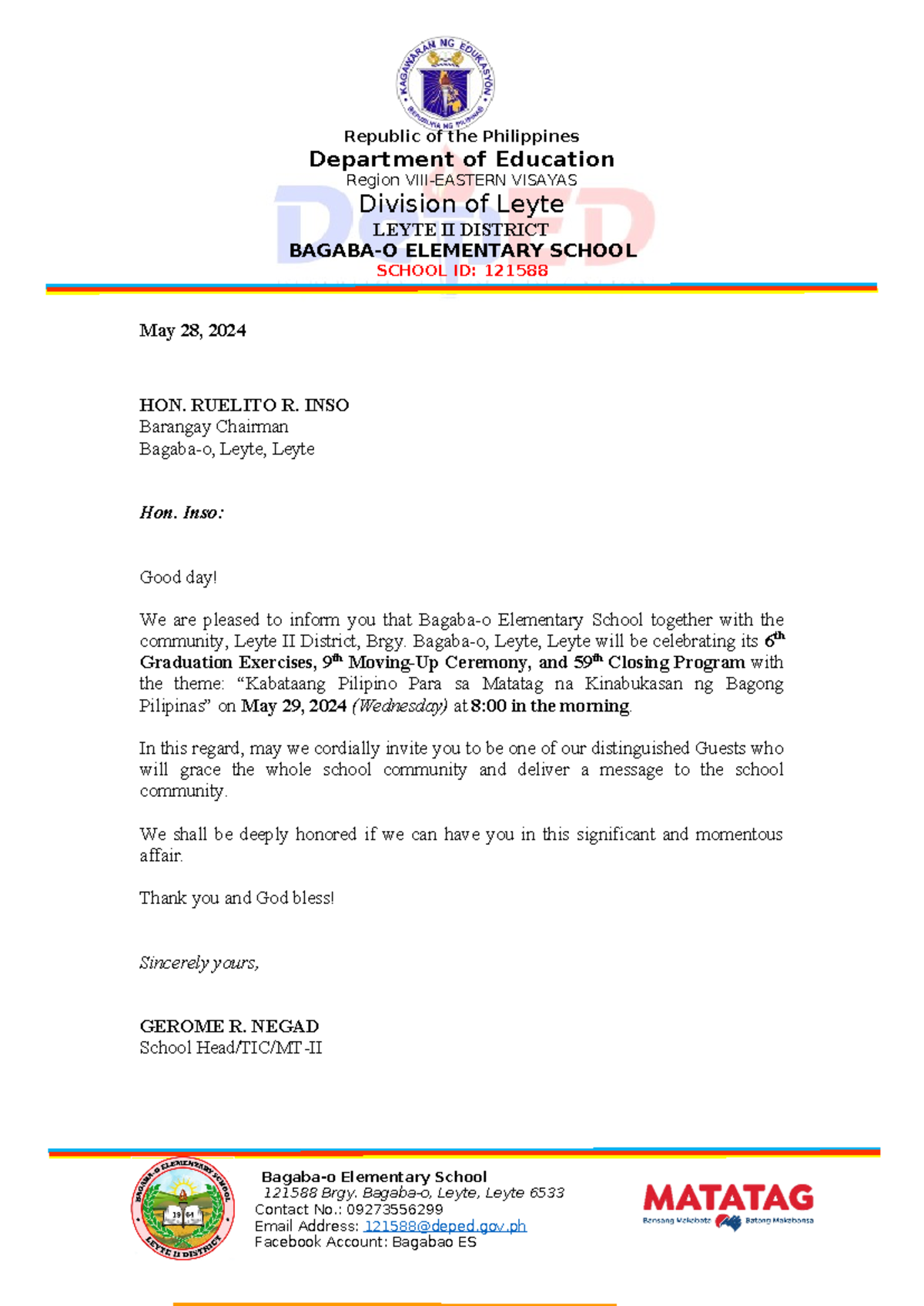 Invitation letter - Republic of the Philippines Department of Education ...