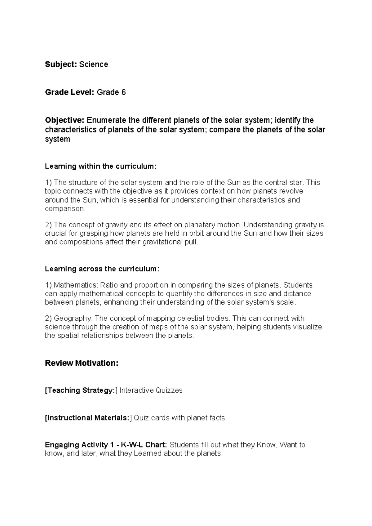 Lesson plan - lessson planning - Subject: Science Grade Level: Grade 6 ...