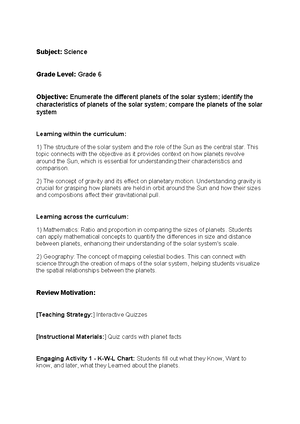 Lesson plan - Subject: Science Grade Level: Grade 6 Objective: Identify ...