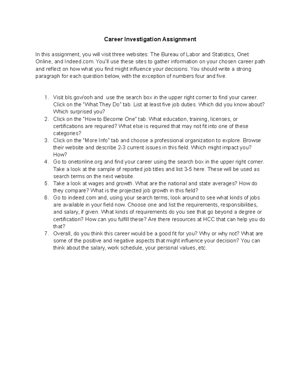 Career Investigation Assignment - You’ll use these sites to gather ...