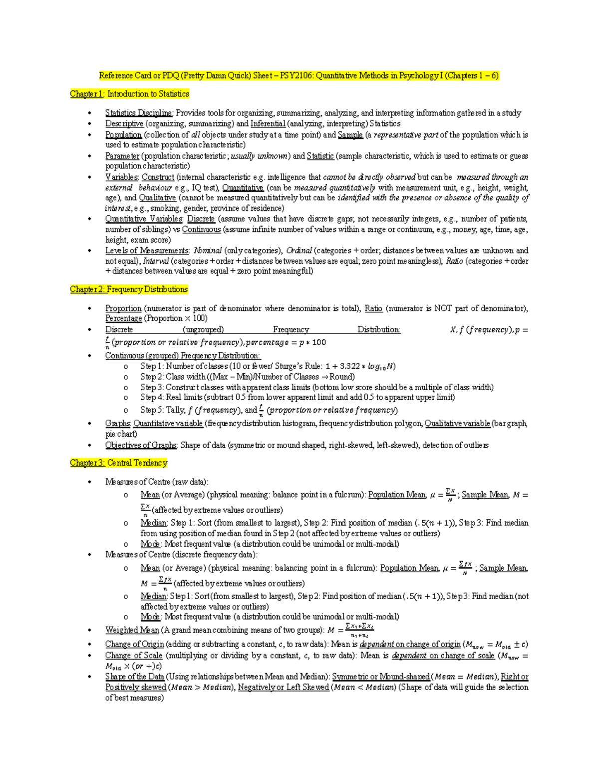 PDQ Sheet - PSY2106 (Chapters 1 - 6) - Reference Card or PDQ (Pretty ...