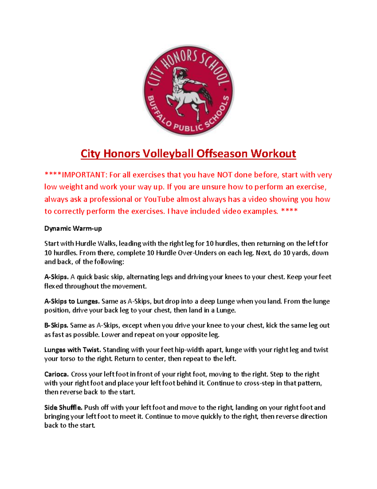 City Honors Volleyball Offseason Workout - City Honors Volleyball ...
