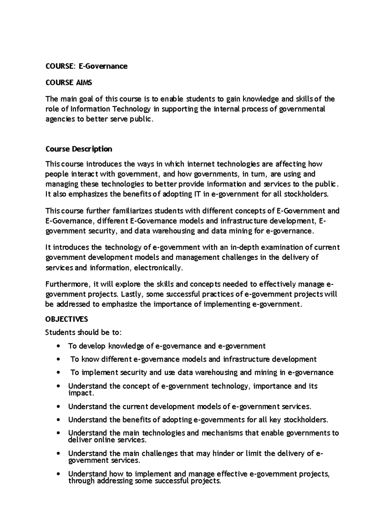 Egovernment Outline 2 - modified content on e-governance - COURSE: E ...