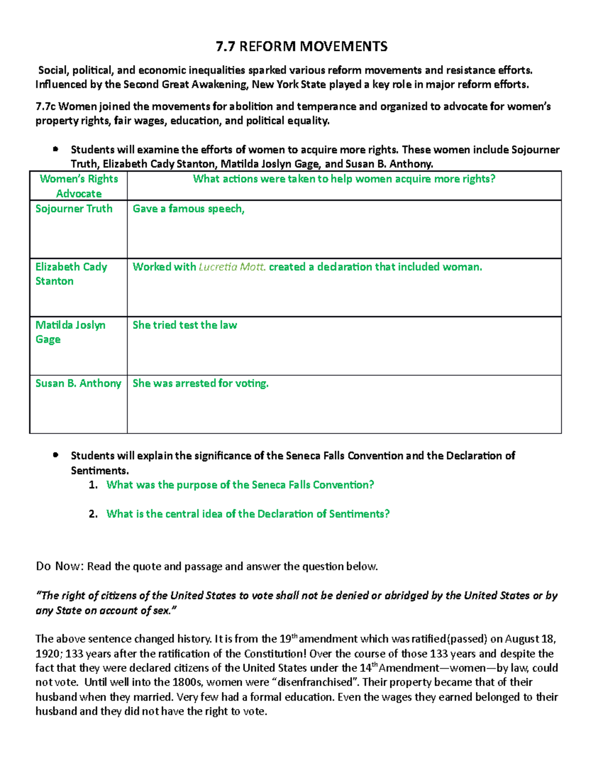 Womens Suffrage - sss - 7 REFORM MOVEMENTS Social, political, and ...