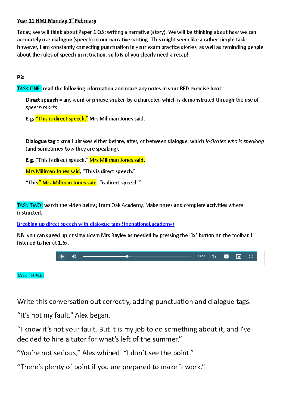 Punctuating dialogue - adsadasdasdad - Year 11 HMJ Monday 1st February ...