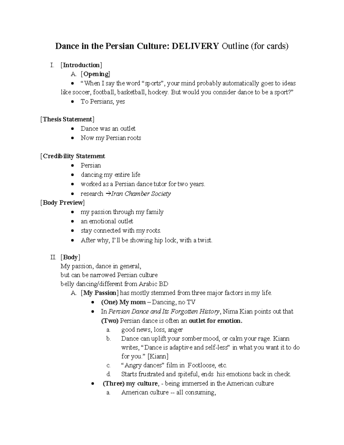 Sample Speaking (delivery) Outline - Dance in the Persian Culture ...