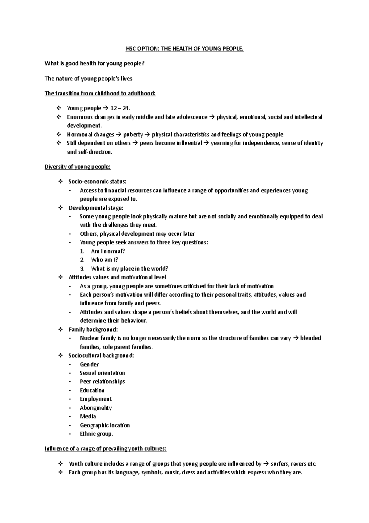 Pdhpe Notes -The Health of Young People - HSC OPTION: THE HEALTH OF ...