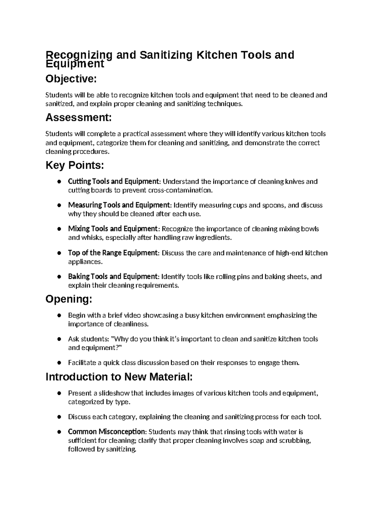9th Grade Kitchen Tools Sanitation Guide - Recognizing and Sanitizing ...