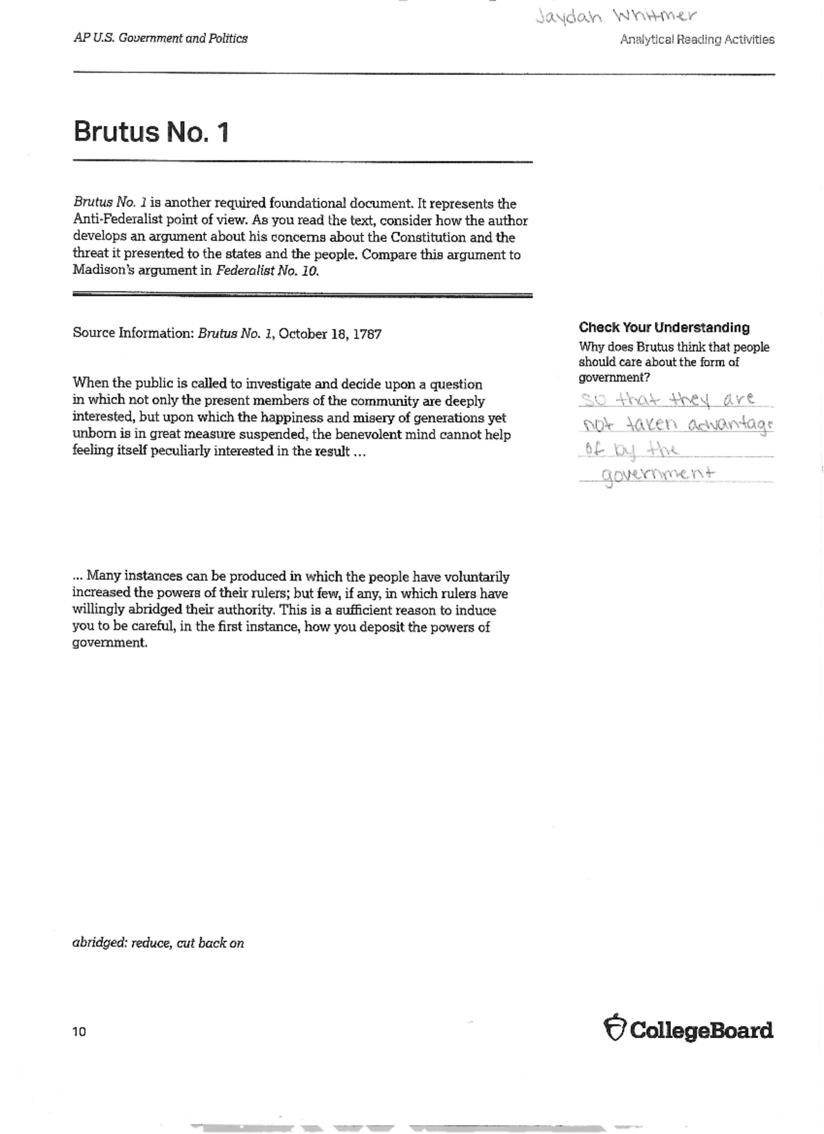 Analytical reading Brutus no 1 1of6 - Jaydah Whitmer AP U. Government ...