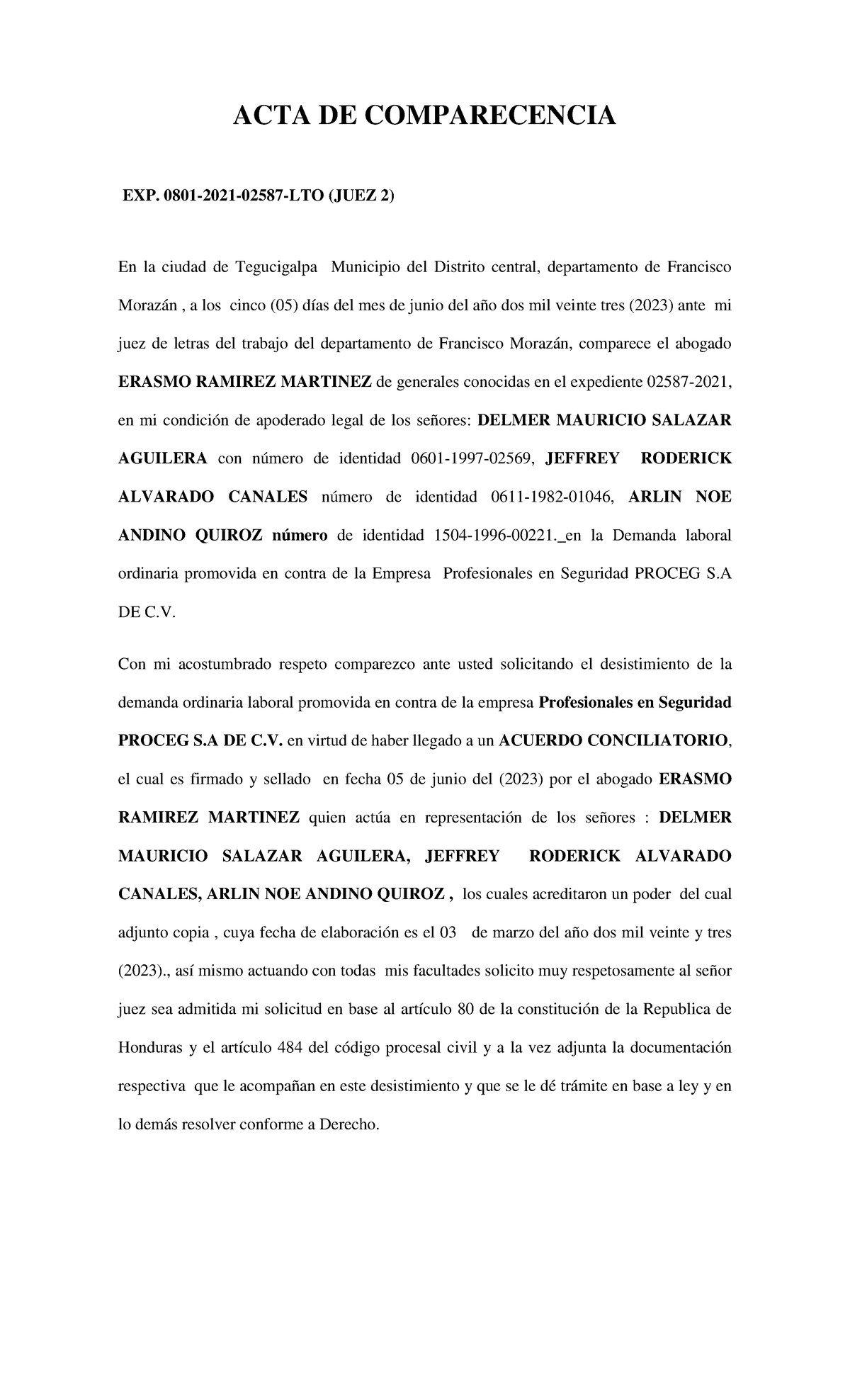 Acta De Comparecencia Modelo/estructura De Acta